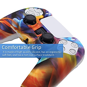 Skin Cover for Sony PS5 Dualsense Controller, Colourful Silicone Protecte Case Printing Cool Flowing Flame, with Pro Thumb Grips x 12