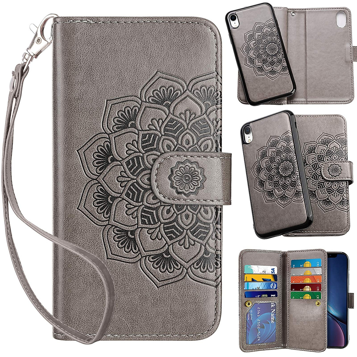 Vofolen Case for iPhone XR Case Wallet Card Holder Leather PU Flip Cover Folio Detachable Magnetic Slim Shell Dual Layer Heavy Duty Protective Bumper Armor Wristband for iPhone XR 10R Mandala Grey