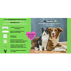 MAXIMUM IMMUNITY >25% β-glucan 100% Mushrooms Fruiting Body Extracts, Veterinarians formulation for Dogs & Cats Immune & Digestive Systems with Turkey tail & >35% β-glucan Reishi extracts.250 SERVINGS