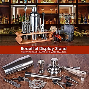 Esmula 12 Piece Bartender Kit with Bamboo Stand, 25oz Cocktail Shaker Set for Mixed Drink, Professional Bar Tool Set With Cocktail Recipes Booklet, Gift for Man Dad Friend (Silver)