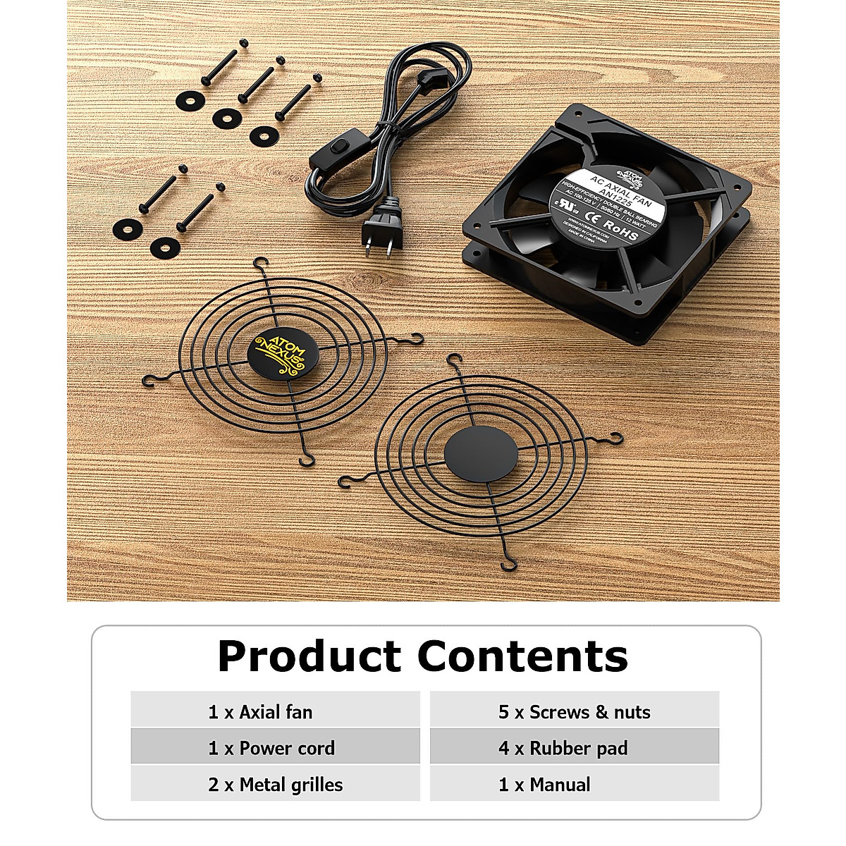 ATOM NEXUS AC Axial Fan AN1225, 120V Computer Fan with AC Plug, Quiet Muffin Fan, 120mm x 25mm Computer Cooling Fan for DIY Cooling Ventilation Exhaust Projects