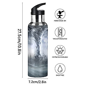 xigua Black Tornado Water Bottle with Straw Lid Vacuum Insulated Stainless Steel Thermo Flask for Sports Cycling Hiking School Home,20 oz.