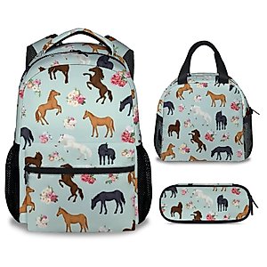 Mercuryelf Horse for Women Backpack with Lunch Box Set, 3 in 1 School Backpacks Matching Combo, Aesthetic Mint Green Bookbag and Pencil Case Bundle