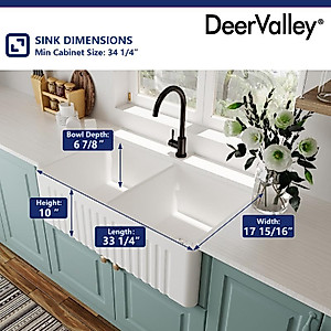 Double Bowl Kitchen Sinks,DeerValley DV-1K028 33" L x 18" W White Farmhouse Ceramic Reversible Double Bowl Farmhouse Front Porcelain Sink with Apron