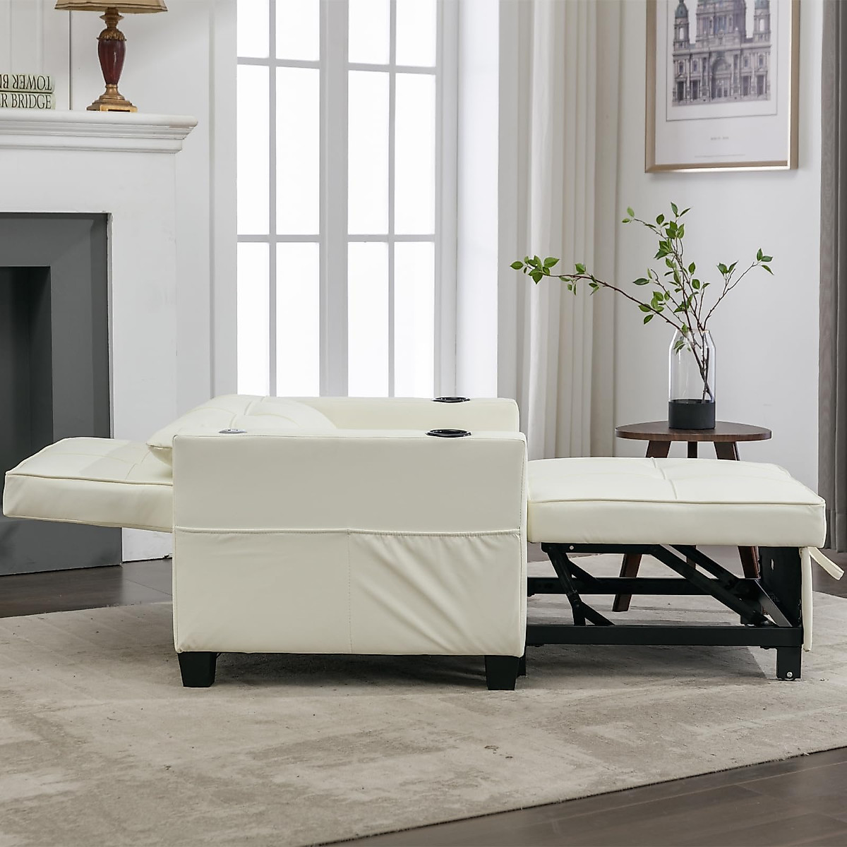EXZLFA Futon Sofa Bed, 3-in-1 Convertible Sleeper Beds with USB Ports and Cup Holder,Adjustable Backrest Lounge Chair for Living Room，Bedroom,Guest Room (Leather - White)