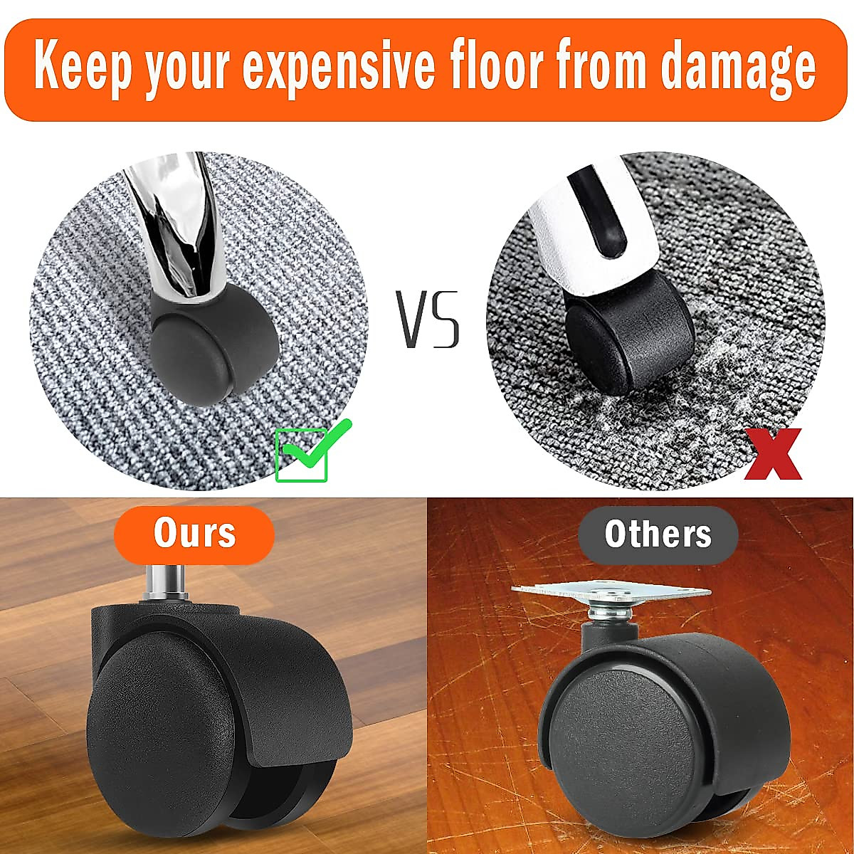 Office Chair Wheels - 2 Inch Chair Caster Wheel Set of 5, Heavy Duty Chair Wheel Replacement Supports 1000 lbs, No Noise, Suitable for Hardwood Floors and Carpets