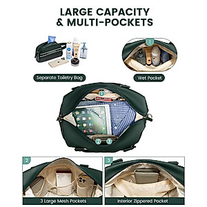 LOVEVOOK Travel Duffle Bag for Women, Leather Carry On Weekender Bag with Toiletry Bag, Waterproof Overnight Bag Tote Gym Duffel Bag with Wet Pocket for Hospital Yoga Sports Dance Green