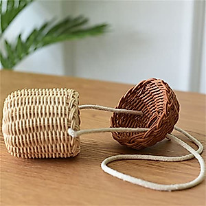 QXPDD Acorn-shaped Storage Basket Hand-woven Round Rattan Bag Bucket Bag Beach Style Woven Shoulder Bag Photo Props Handbag