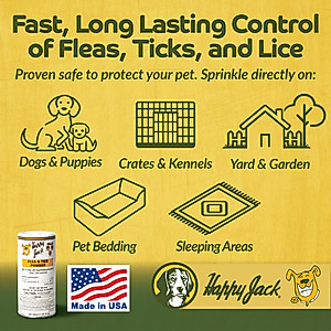 Happy Jack Flea and Tick Powder for Dogs & Puppies, Flea Powder for Carpets, Flea Treatment & Control, Kills Fleas, Ticks & Lice, Odorless & Non-Staining, Dust on Sleeping Quarters & Furniture (5 oz)