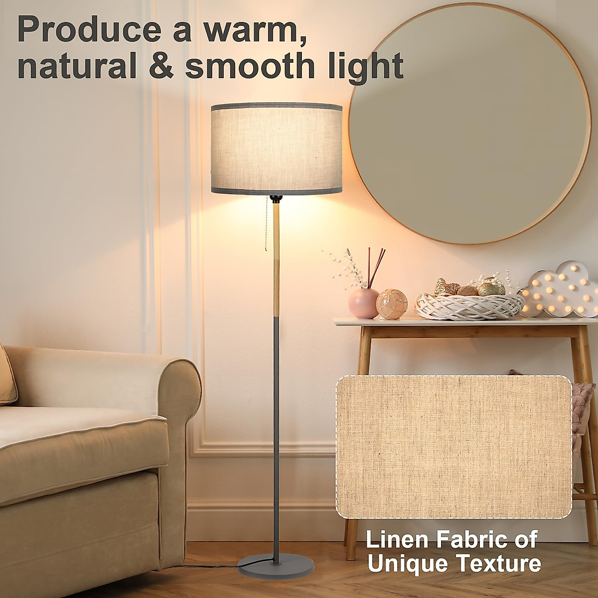 Modern Floor Lamp for Living Room Traditional Farmhouse Floor Lamps Mid-Century Pole Lamp with Linen Lamp Shade, Standing Tall Floor Lamps for Bedrooms and Office (Grey)