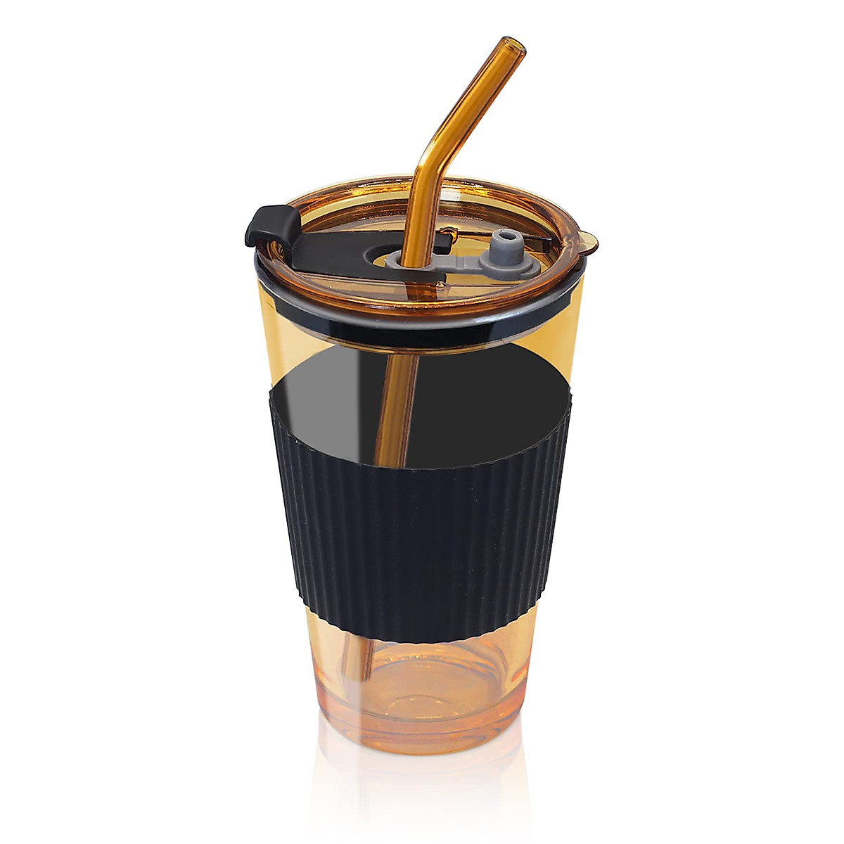 Faynore 16oz Glass Tumbler Colored Glass Cups with Lids and Straws, Drinking Glasses for Juice Beverages Iced Coffee Tea Smoothie Soda Milk (Amber)