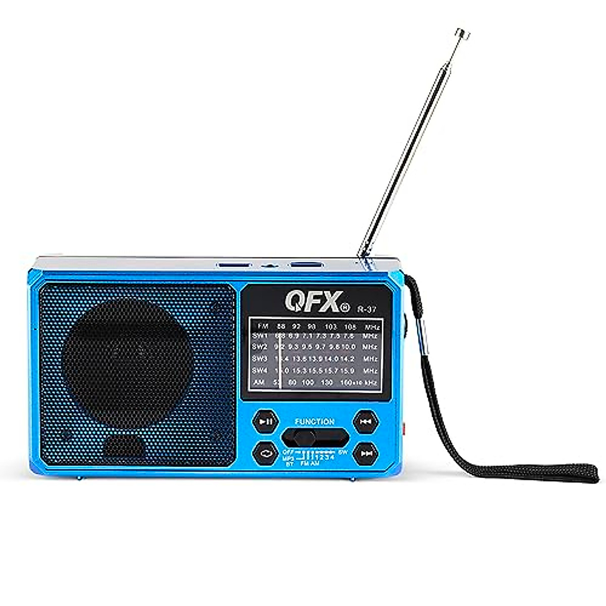 QFX R-37-BL 6-Band (AM, FM, SW1 - SW4) Bluetooth LED Flashlight Solar Radio (2021 Model)