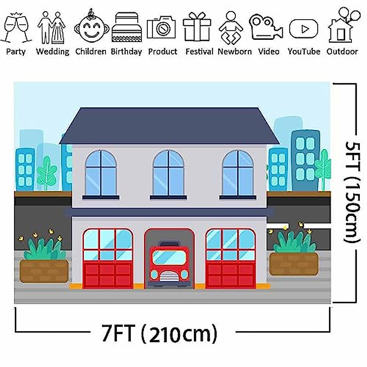 EMTOBT 7x5ft Cartoon City Fire Station Backdrop Firetruck Theme Kids Fireman City Street Birthday Background Firehouse Party Decorations Cake Table Decor Banner Children Photo Props BJWZEM0048