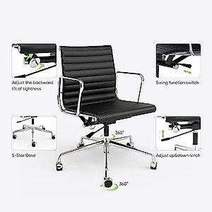 Furgle Ribbed Office Chair, Black Genuine Leather Desk Chair, Mid Back, Adjustable Ergonomic Computer Desk Chair with Aluminium Alloy Frame and Silent Nylon Wheels Load Capacity Up to 360 lbs