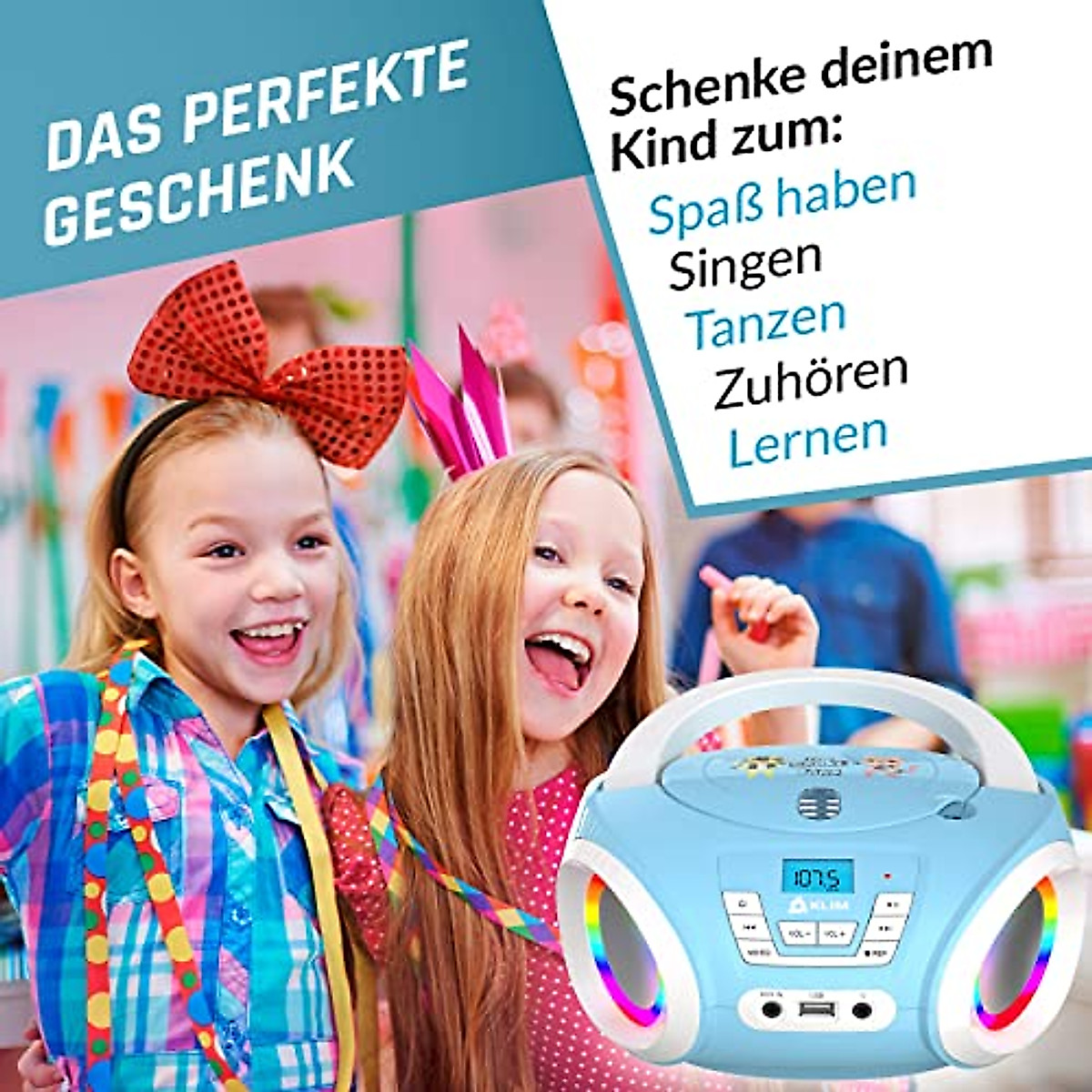 KLIM Candy Kids Boombox CD Player for Kids New 2023 + FM Radio + Batteries Included + Cute Blue Radio cd Player with Speakers for Kids and Toddlers