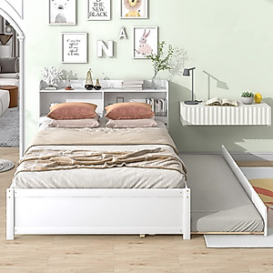 Bellemave Full Size Bed Frame with Trundle,Captain’s Bed Full with Bookcase Headboard,Wooden Platform Bed Trundle Bed for Kids, Teens(Full,White)
