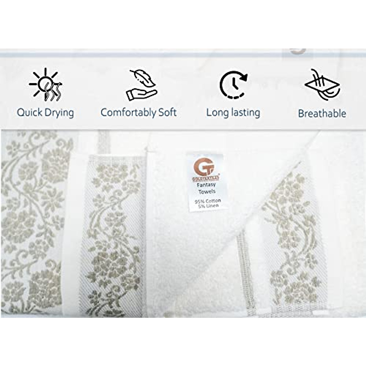 GOLD TEXTILES Fantasy Collection Premium Bathroom Towel Set Includes Bath Towel (27x54) - Hand Towel (16x30) 2 washcloths (13x13) - Perfect for Gift, Home, Hotel –Lightweight (White, Amania)