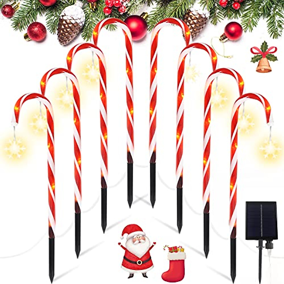 Christmas Candy Cane Pathway Marker Lights, 8 Modes Set of 8 Solar Christmas Candy Cane Lights, Outdoor Christmas Decorations Solar Candy Cane Lights for Holiday Walkway Patio Garden