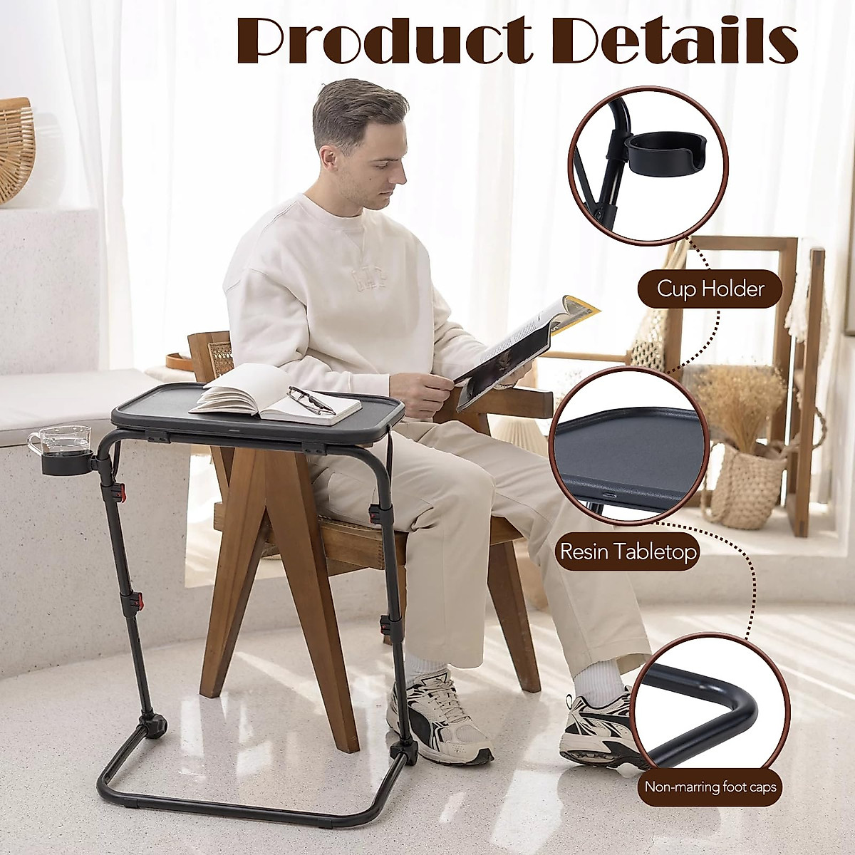 No Tools Adjustable Folding TV Tray Table Desk with Cup Holder for Home, Office, Foldable, Portable, Stable, Lightweight, Storage, Small Space, 4 Heights Adjustment & 3 Tilt Angles, No Assembly
