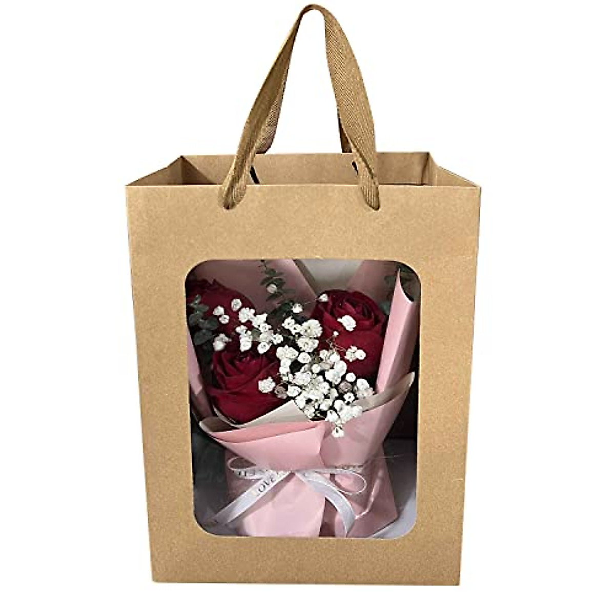 12 Pcs Brown Paper Gift Bags with Transparent Window, 9.84"x7.0"x5.12" Kraft Shopping Bags with Handles for Present, Festivals Party
