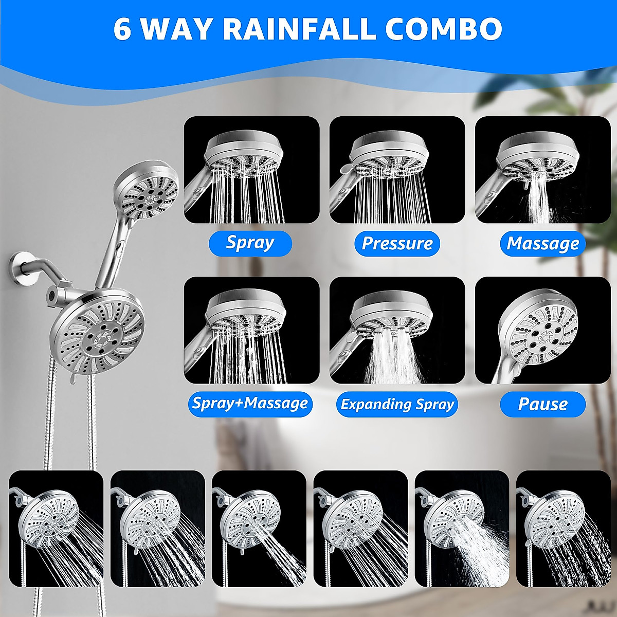 AMAZING FORCE 8.6 Inch Handheld Shower HeadShower High Pressure Handheld Shower With 6 Way Rainfall Combo Shower Sprayer