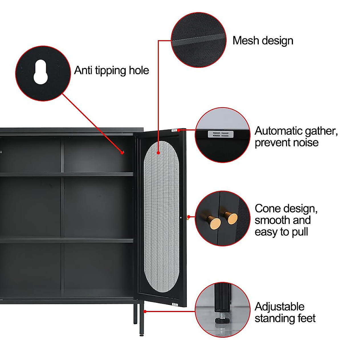 Fumedo 2 Mesh Door Metal Storage Cabinet for Bed Room,Living Room,Home,Hotel,Office,Garage,Kitchen,3-Tier,2 Removable Shelves (Mesh Door Cabinet, Black)