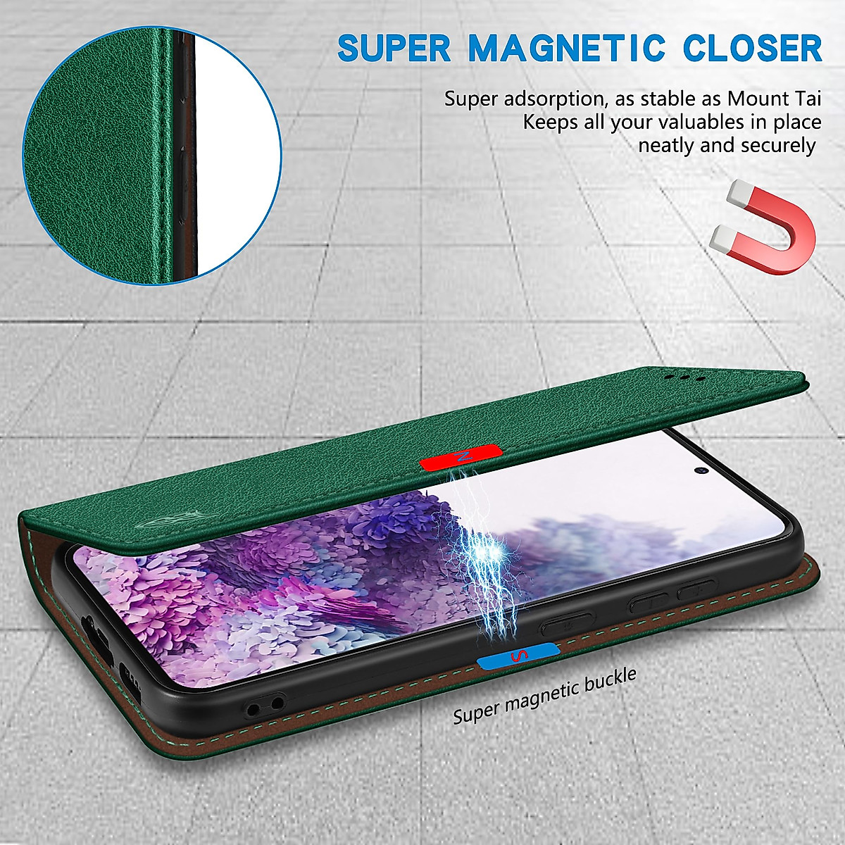 ZZXX for Samsung Galaxy S20 Wallet Case with [RFID Blocking] Card Slot Stand Strong Magnetic Leather Flip Fold Protective Phone Case for Samsung Galaxy S20 Case Wallet(Green-6.2 inch)