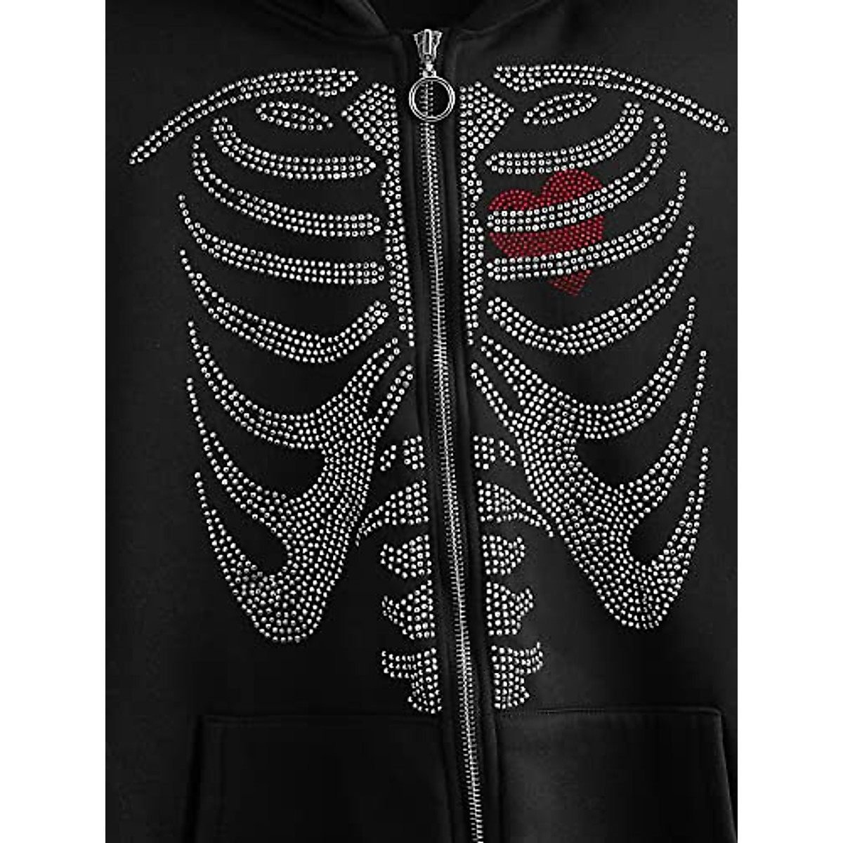 SHENHE Women's Punk Skeleton Graphic Zip Up Hoodie Oversized Rhinestone Drawstring Sweatshirt Black S