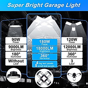 LED Garage Lights, 180W 18000 LM Deformable LED Garage Ceiling Lights with 12 Adjustable Panels, E26 E27 LED Shop Lights for Garage, Basement, Barn, Workshop, 6500K LED Bay Light
