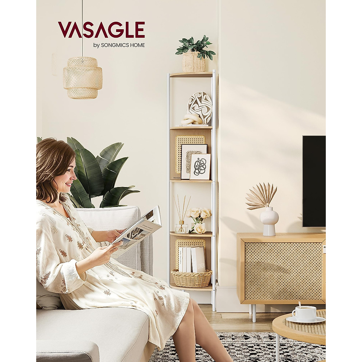 VASAGLE 5-Tier Corner Shelf Stand, Boho Corner Bookshelf with Polyrattan Sides, Plant Stand for Living Room Bedroom Study Kitchen, Oak Beige ULLS588Y57