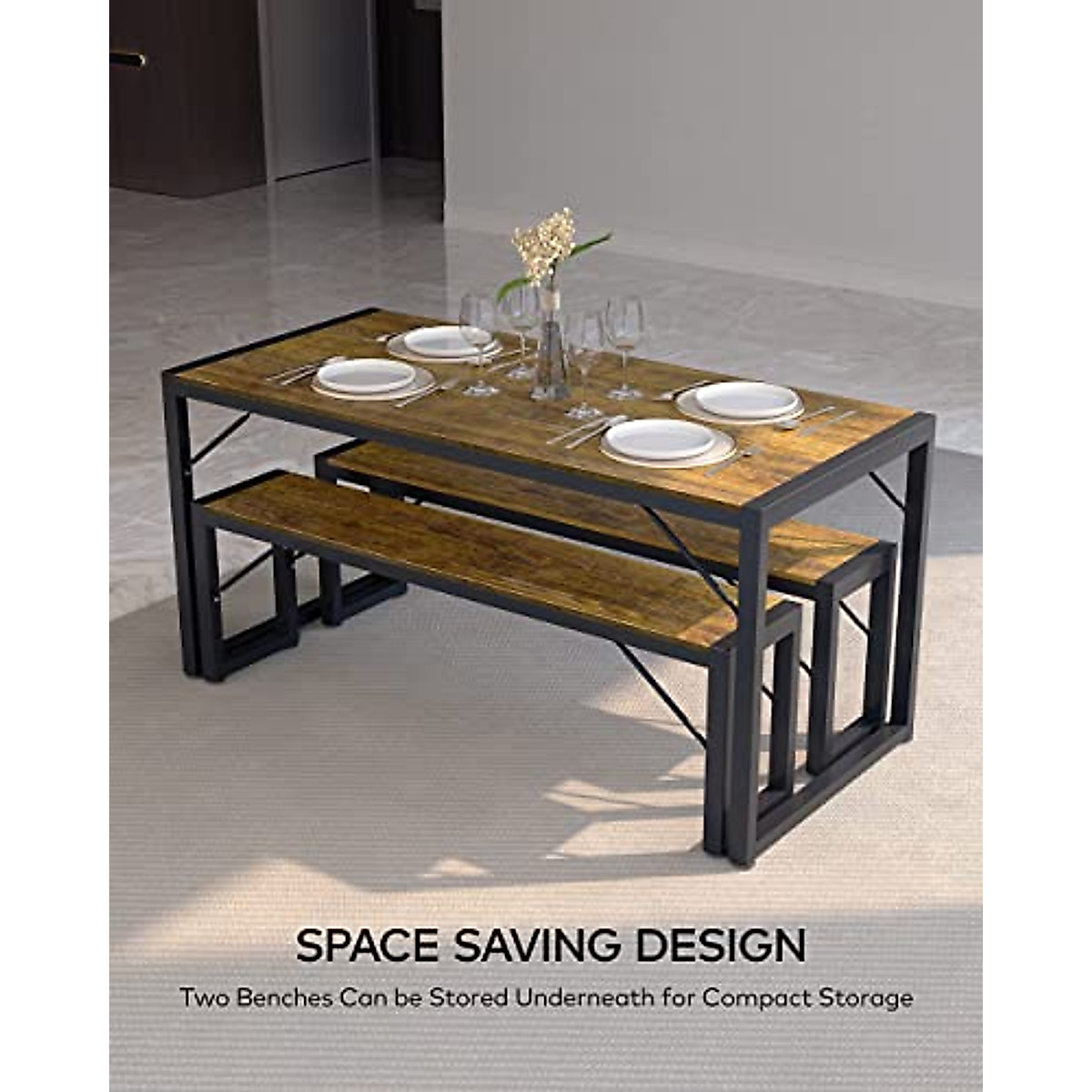 Dining Table Set for 4, 4 Seat Dining Room Table Set, 3 Piece Kitchen Table Set, Rectangular Table Set, Wood Modern Table and Bench Set, 45.5 x 30.4 x 30.4 inch, Metal Frame and MDF Board (Retro)