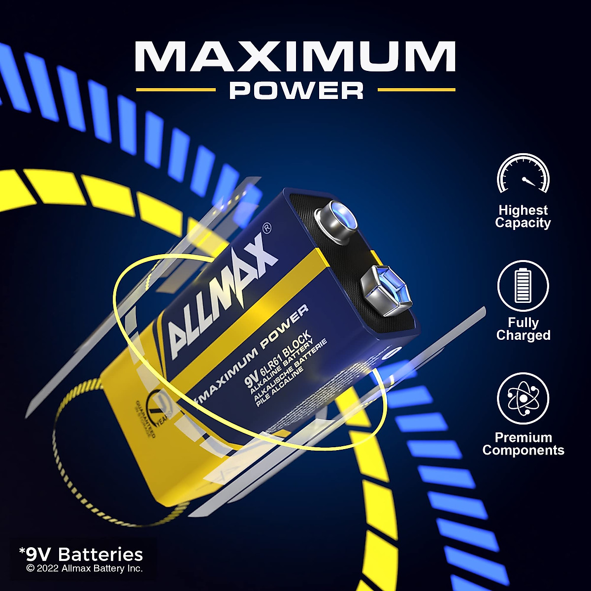 Allmax 9V Maximum Power Alkaline Batteries (48 Count) – Ultra Long-Lasting, 7-Year Shelf Life, Leakproof Design, Superior Performance