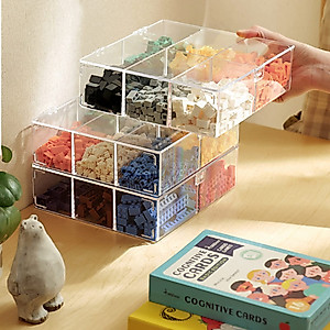 Figures Display Case with Door, Lego Parts Storage 6 Compartments Organizing Cabinet with Lid, Clear Storage Box for Small Particles Parts Toys, Transparent Showcase Shelf