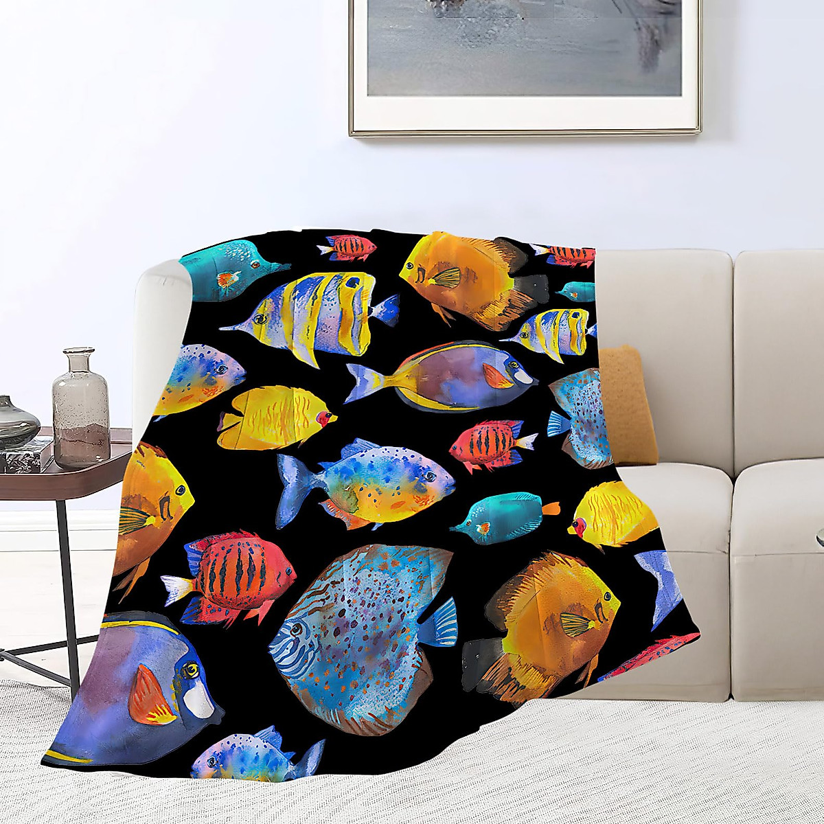 Tropical Fish Blanket Super Soft Warm Fluffy Flannel Colorful Fish Throw Blanket Cozy Fuzzy Plush Fishing Bedding Blanket Gift for Boys Girls Kids Teens Adults Couch Sofa 50"x40"