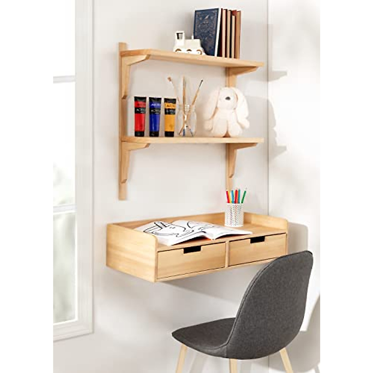 Kate and Laurel Kitt Modern Floating Desk, Natural Wood, Scandinavian Wall Mounted Double Drawer Console Table for Storage and Display, 28x12x6.5