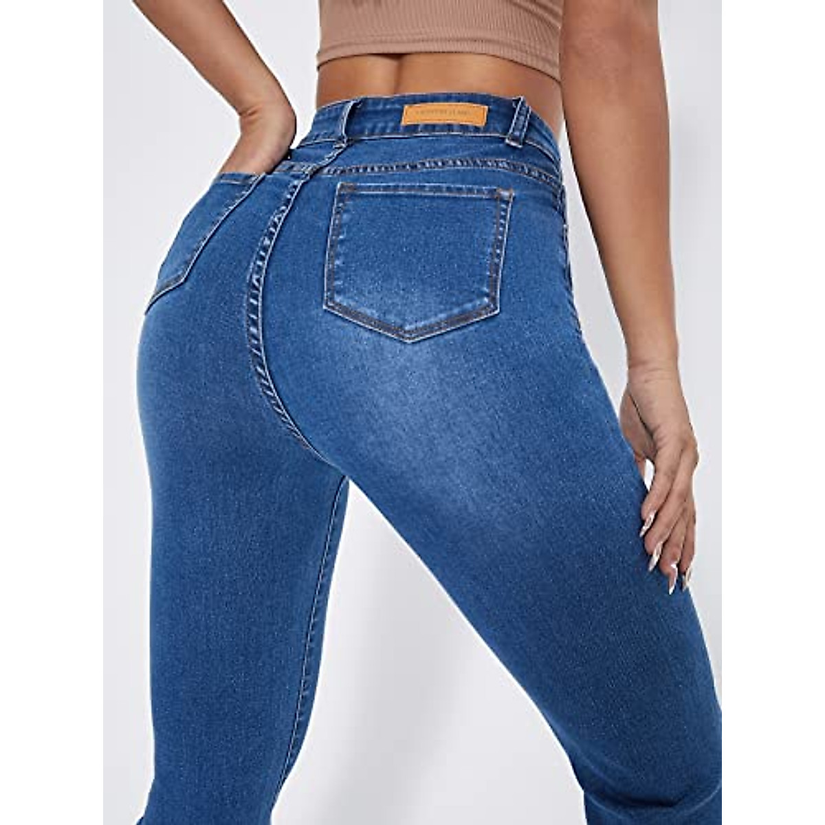 Floerns Women's High Waisted Flare Jeans Raw Hem Stretch Slim Fit Denim Pants Blue M