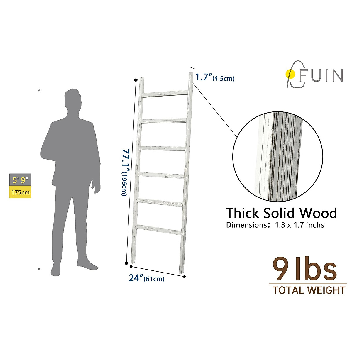 FUIN 6.4ft Extra Wide Wooden Blanket Ladder Living Room Decorative Wal Leaning Farmhouse Quilt Display Holder Rustic Wood Towel Rack for Bathroom, White, 24 inch Wide