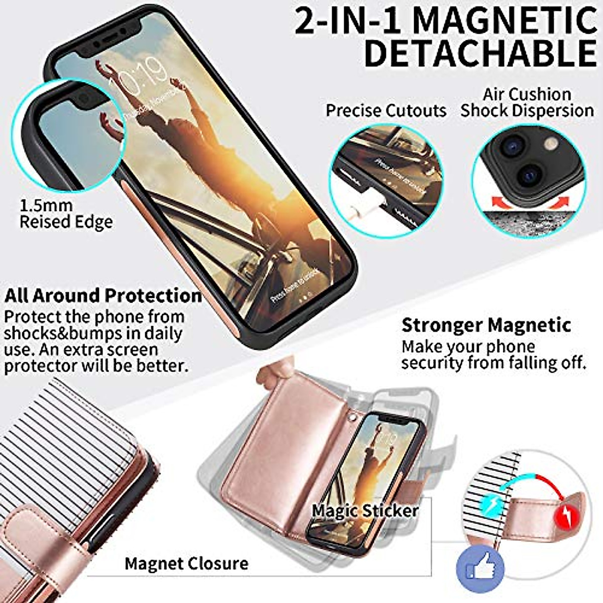 CASEOWL Wallet Case Compatible for iPhone 12/12 Pro, Magnetic Detachable 2 in 1 Folio Leather Wallet Case with 9 Card Slots,Hand Strap,Compatible for iPhone 12/12 Pro 6.1 inch 2020 (White&Rose Gold)