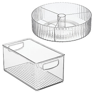mDesign Plastic Stackable Bin with Handles and 11.5" Round Fluted Lazy Susan Turntable Divided Spinner Combo Set for Organization in Bathroom, Closet, Cabinet, or Vanity Countertop - Set of 2 - Clear