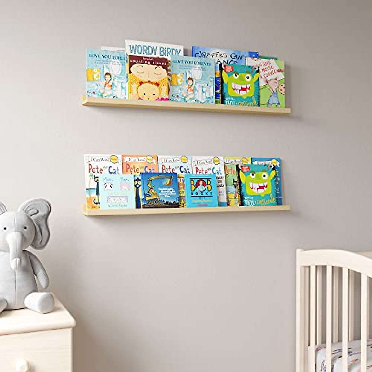 Wallniture Denver 36" Floating Shelves for Kids Room, Wood Nursery Shelves, Kids Room Shelves, Natural Photo Ledge for Nursery Room, Floating Book Shelves for Kids Room Set of 2