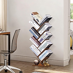 SHEEPAM 10 Tier Tree Book Shelf, Floor Standing Wood Bookshelf for Narrow Space, Storage Organizer Bookshelves for Books/CDs/Magazine, Bookcase with Shelves for Home Office, Living Room - Brown