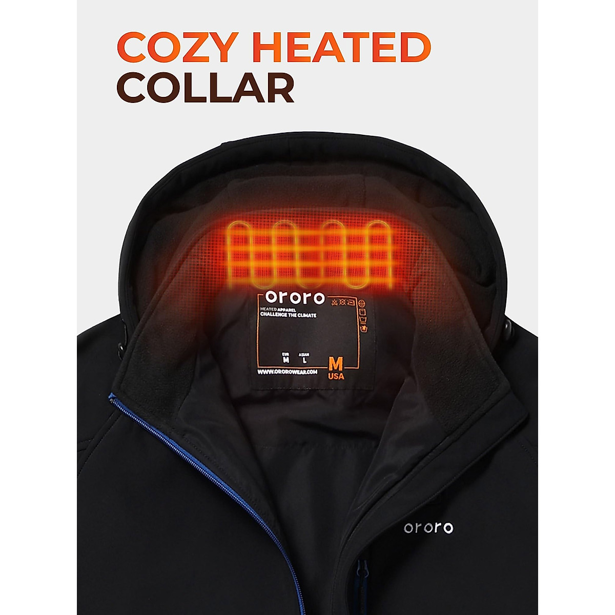 ORORO Men's 4 Heat-Zone Heated Jacket with Battery, Soft Shell Heated Jacket with Detachable Hood (Black/Blue, 2XL) (Charger Not Included)