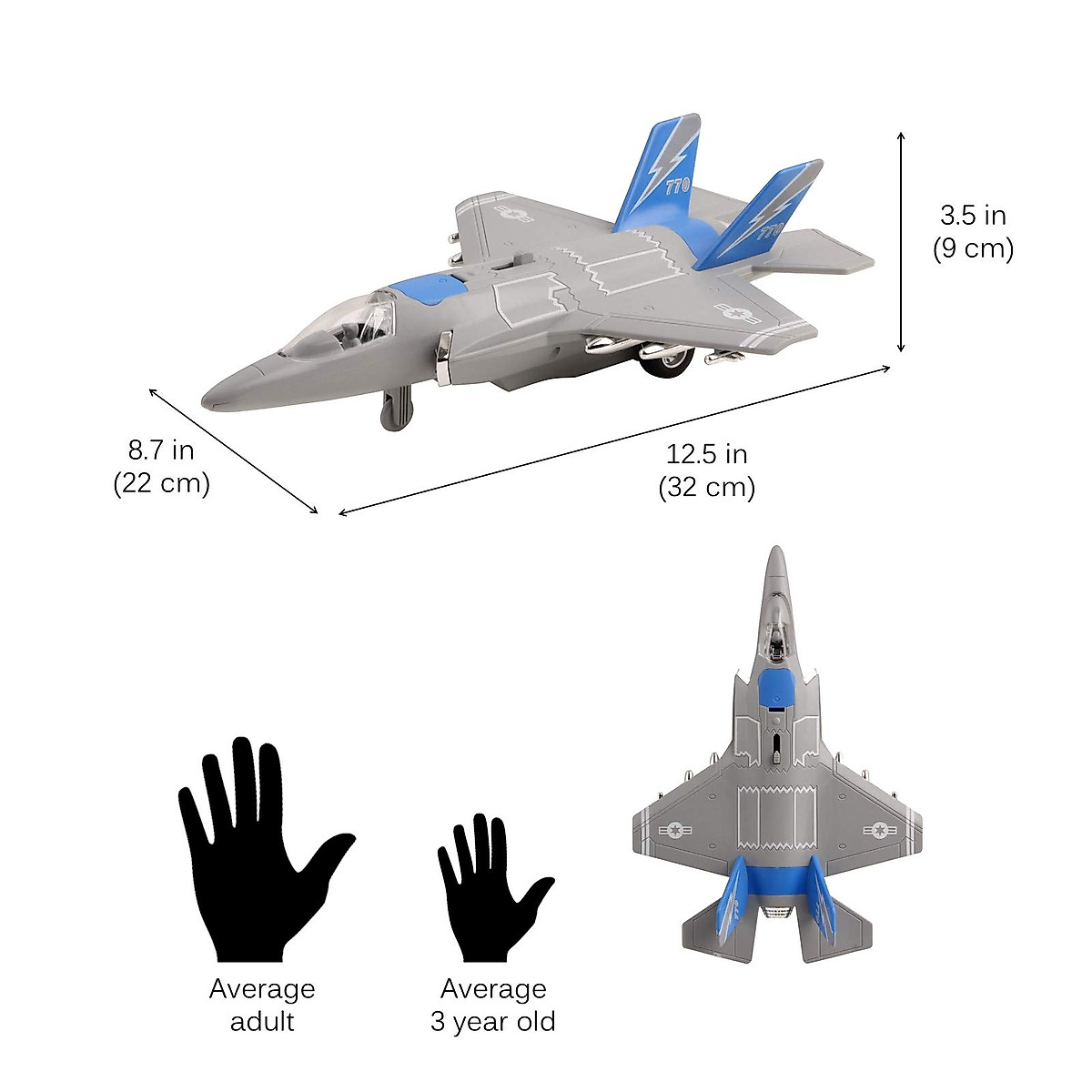 Vokodo Army Air Force Fighter Jet F-22 Toy Military Airplane Friction Powered 1:16 Scale with Fun Lights and Sounds Pretend Play Quality Kids Action Bomber Aircraft Great Gift for Children Boys Girls