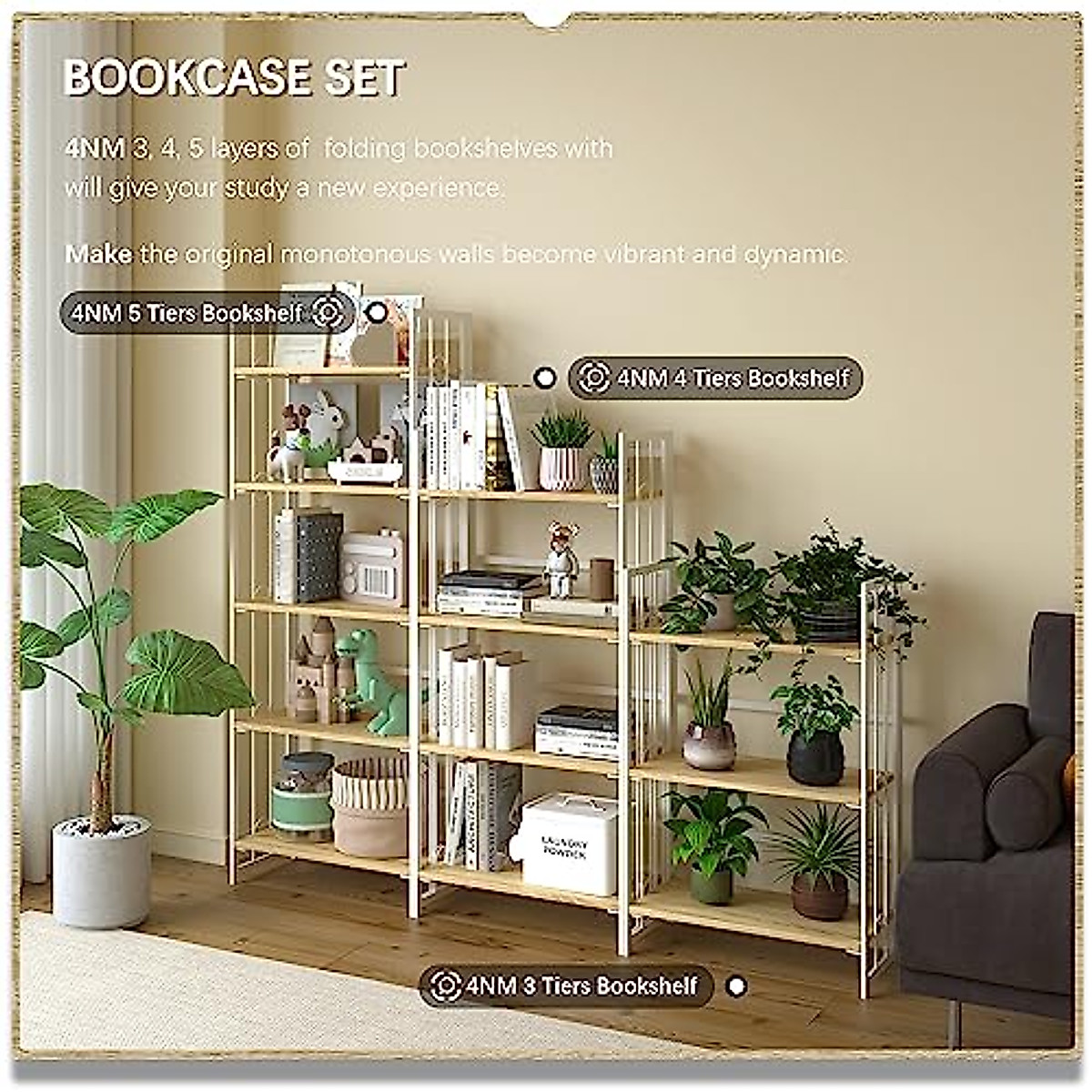 4NM No-Assembly 5 Tiers Folding Bookshelf Storage Shelves Vintage Bookcase Standing Racks Study Organizer Home Office - Natural and White