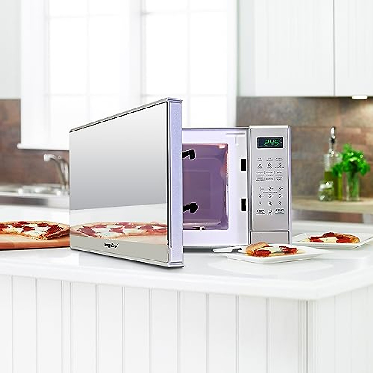 Total Chef Compact Countertop Microwave Oven, 700W, 0.7 Cubic Feet Capacity, Digital Touchscreen Controls, One-Touch Push-Button Opening, 6 Pre-Set Cooking Modes, Silver Stainless Steel