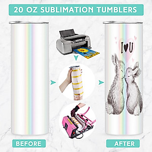 Zhehao 8 Pcs 20 oz Glitter Sublimation Tumblers Bulk Rainbow Paint Straight Skinny Steel Blank Tumbler Set with Lid Straw, Brush, Base, Shrink Wrap, Heat Resistant Gloves, Heat Transfer Tape, Paper