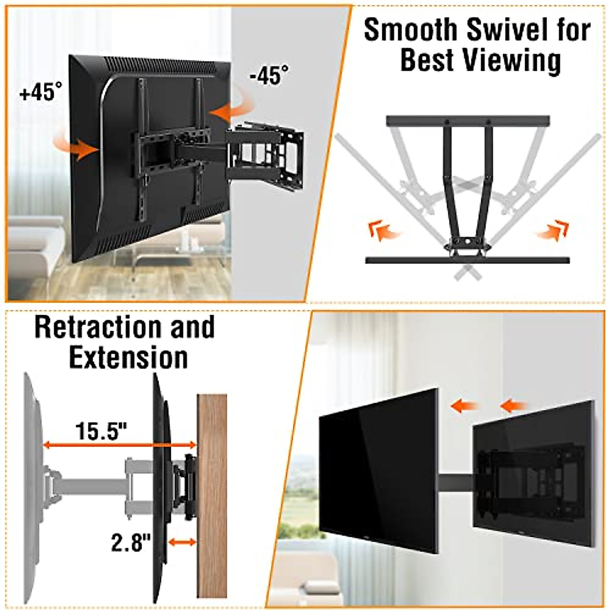 ELIVED TV Wall Mount Full Motion Premium with Swivel and Tilt for Most 26-65 Inch Flat Curved Screen TVs, TV Mount Bracket with Dual Articulating Arms Supports TV up to 99 lbs Max VESA 400x400