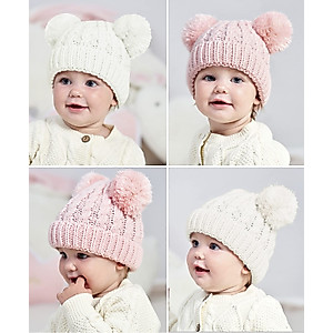 MOK Baby Beanie for Girls Cable Knit Winter Hat with Double Pom Pom Skull Hats