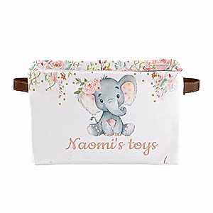 Joyestore Pink Flower Elephant Personalized Storage Bins ,Baskets Cubes Organizer with Handle for Shelves Closet Nursery Toy 1 Pack