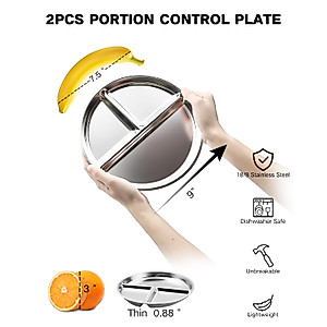 Bakpoco Stainless Steel Kids Plates 2 Packs, 9" Portion Control Plate Divided Plates for Adults Bariatric Weight Loss & Diabetic Diet, [Non Toxic Unbreakable] Toddlers Lunch Dishes, Camping Food Tray